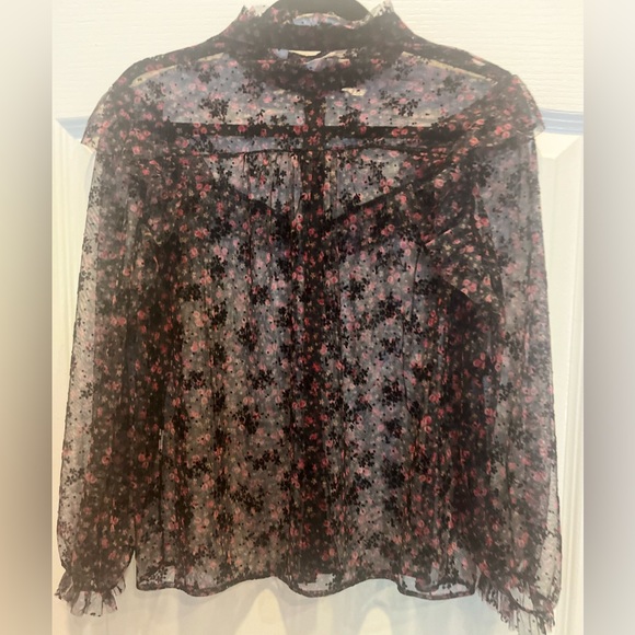 Zara | Tops | Zara Floral Print Long Sleeve Ruffle Blouse Medium ...
